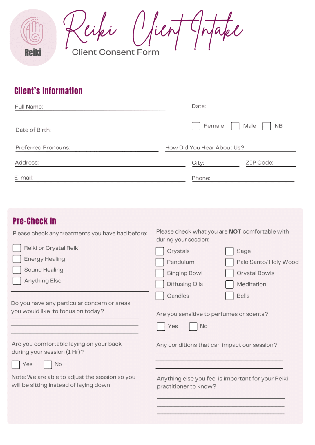 Reiki Intake Form for Practitioners - Downloadable & Editable Template ...